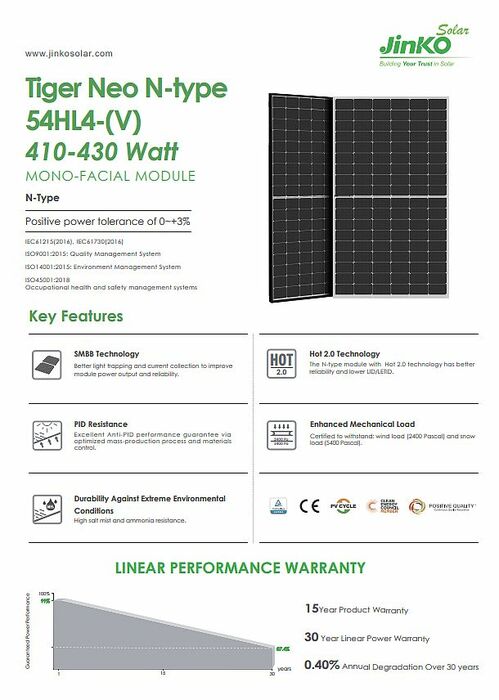 Zonnepanelen - Jinko Solar - JKM410M-54HL4-V - 410Wp - Mono - Secondsol